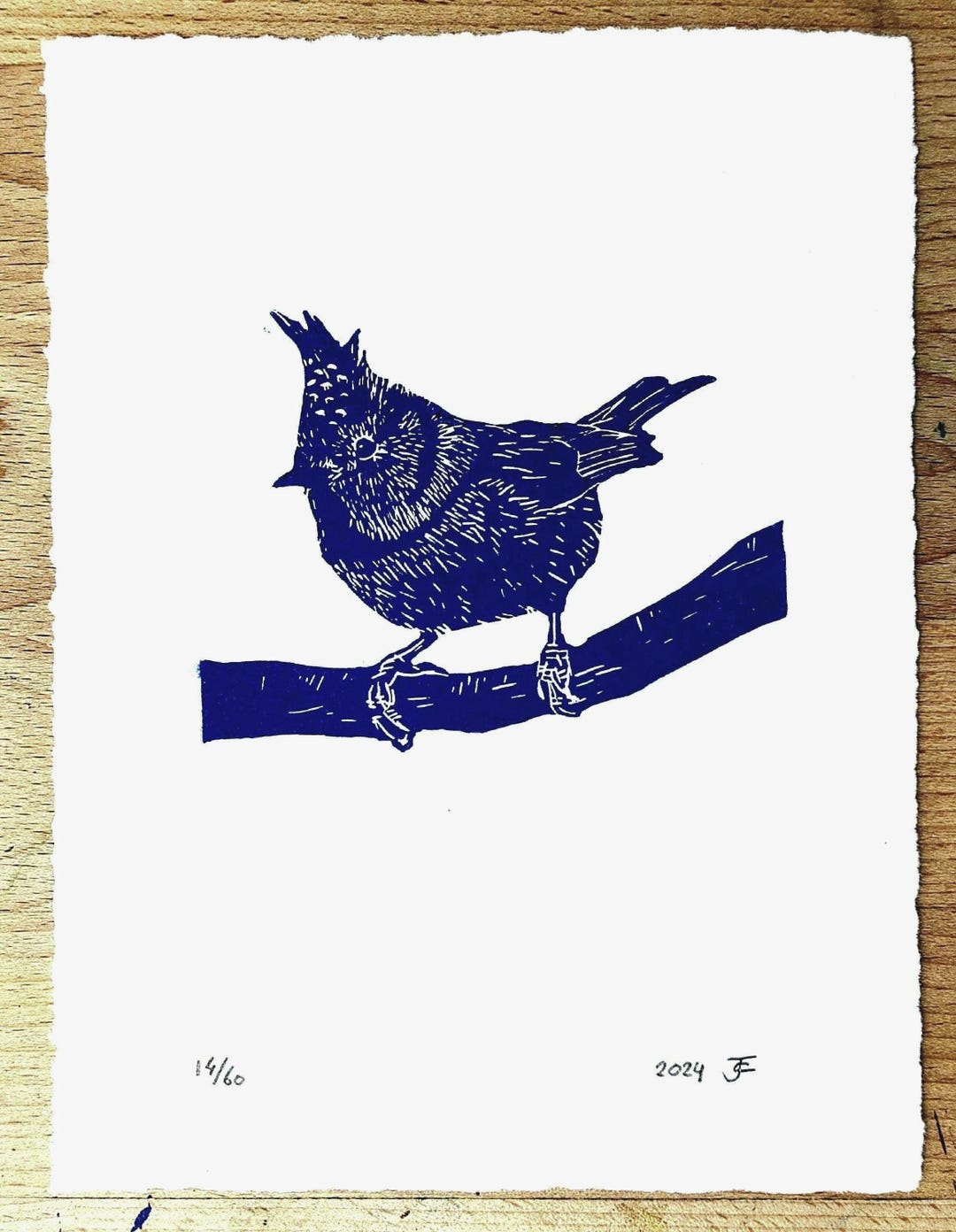 Lino Print Crested Tit on Paper With Deckled Edges, Original Signed ...