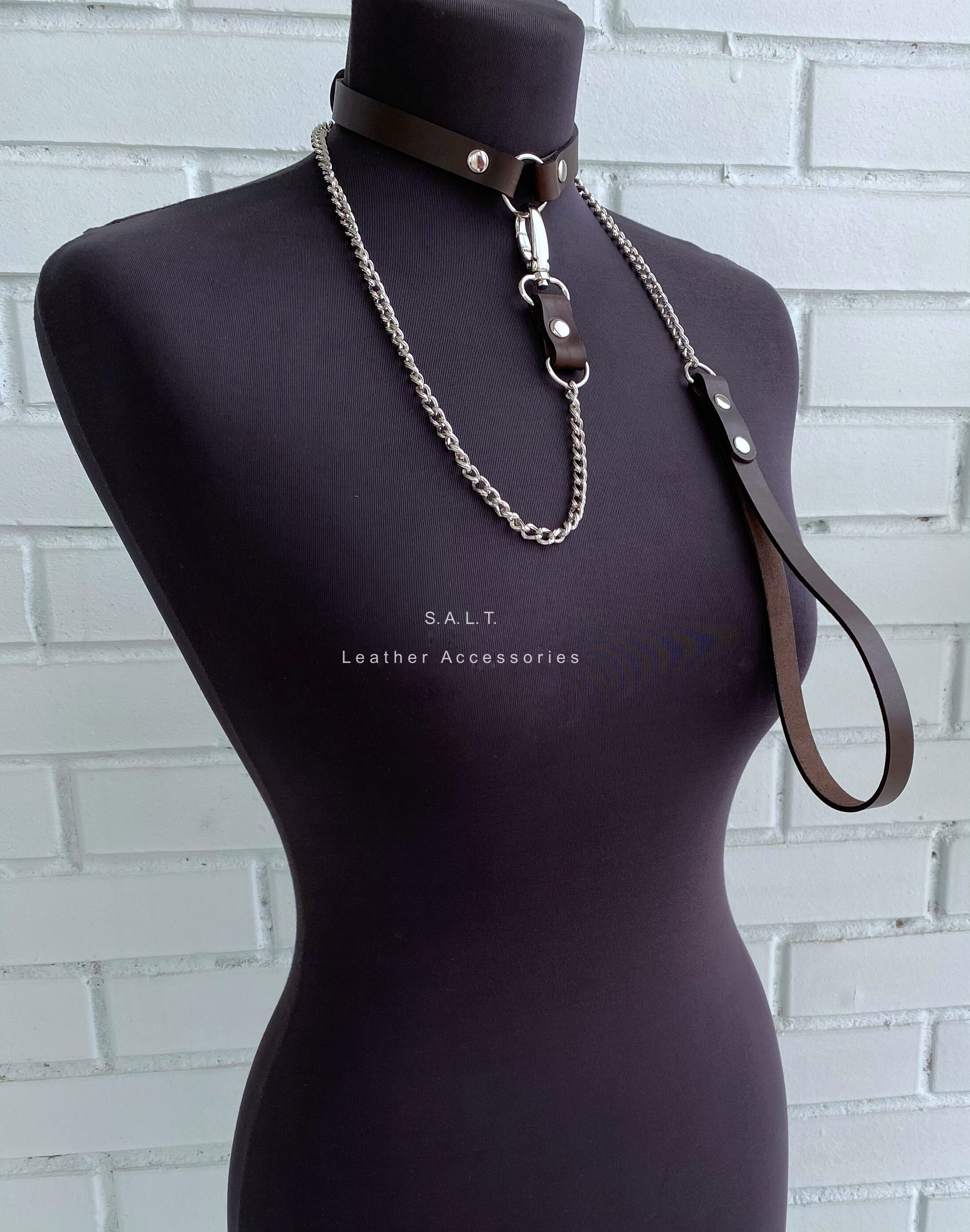 Thin red black choker with leash Choker with chain leash / | Etsy