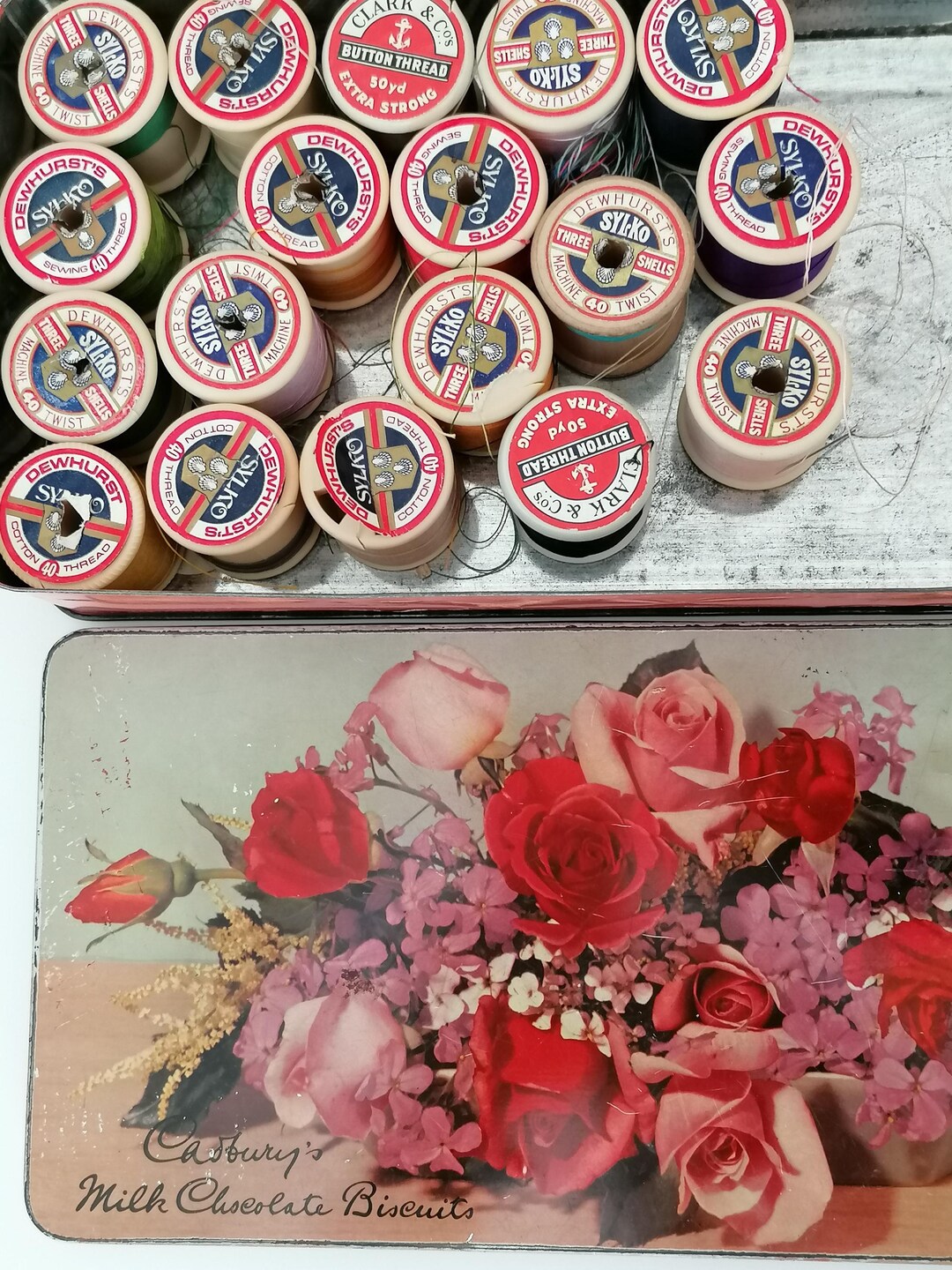 Vintage Cadbury's Biscuit Tin With Sylko Thread Bobbins - Etsy UK