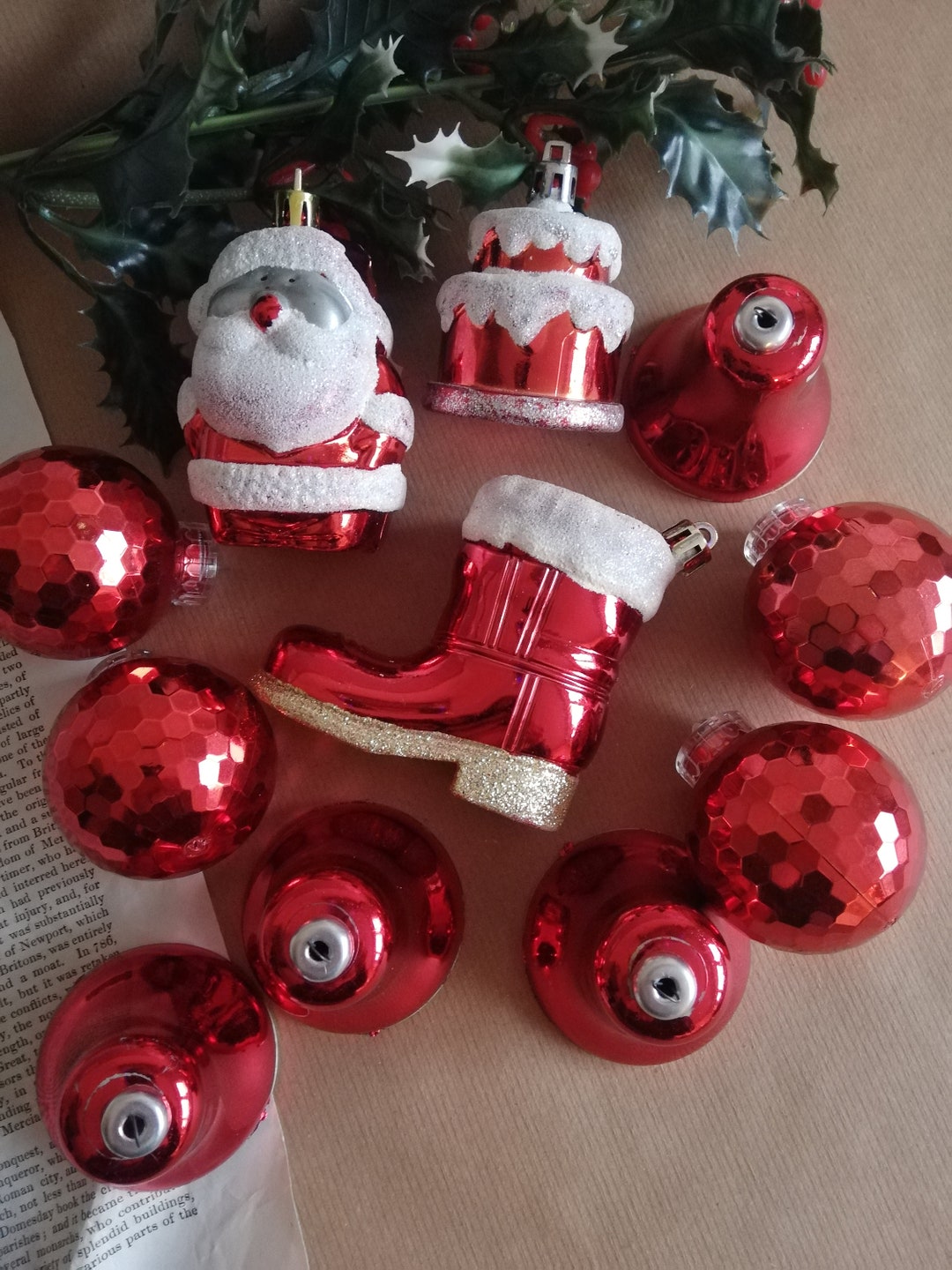Vintage 1970s Shatterproof Red Christmas Tree Baubles Santa Bells Disco ...