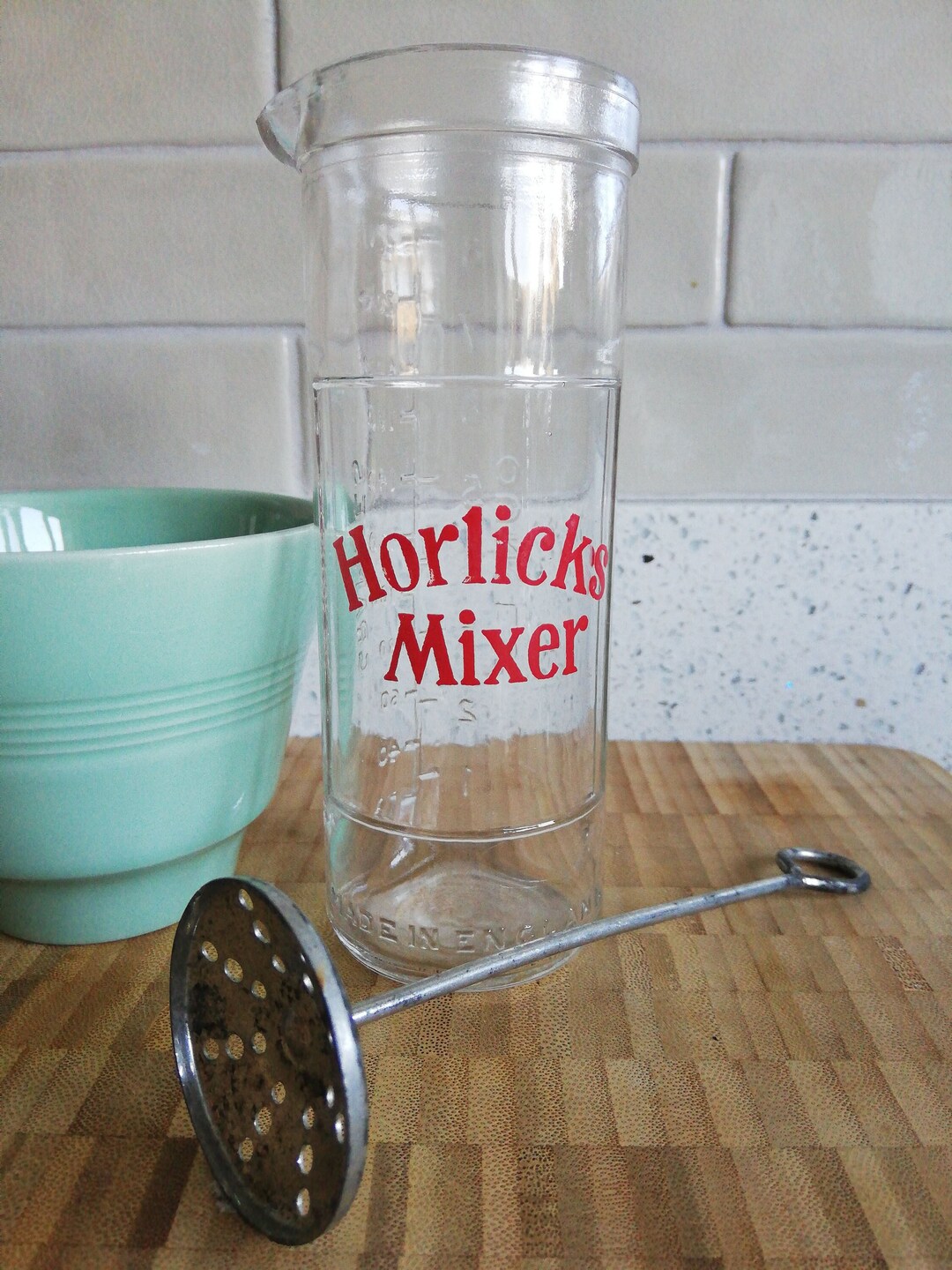 Vintage Glass Horlicks Mixer With Plunger, Measuring Jug Vintage ...