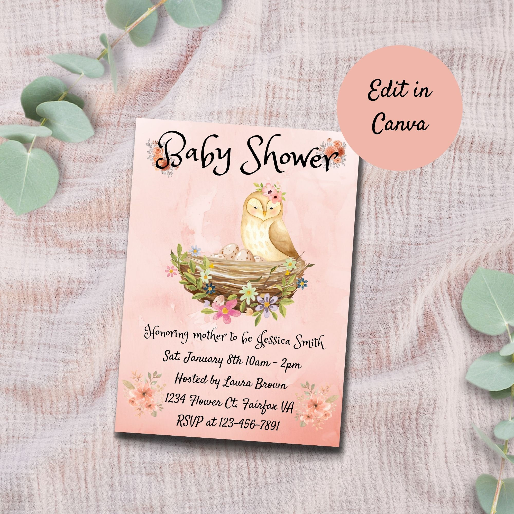 EDITABLE Pink Watercolor Floral Owl Baby Shower Invitation, Motherly ...