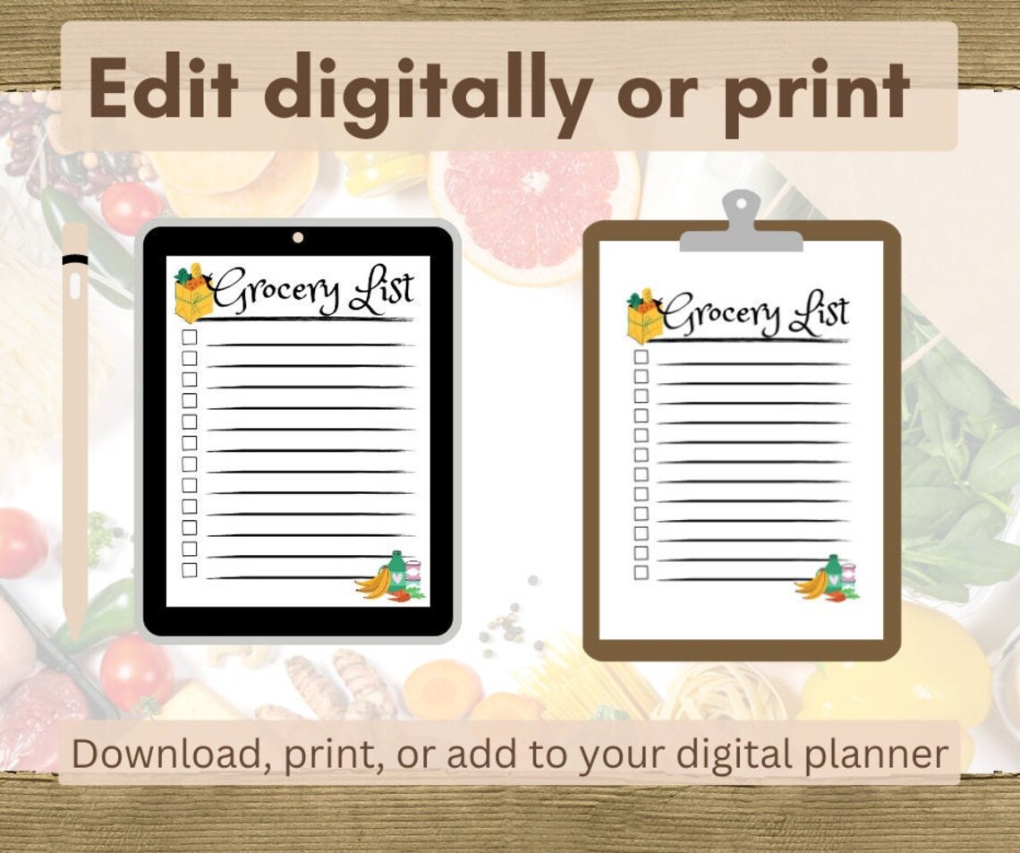 Digital Download Grocery List | Printable Grocery List | Printable List ...