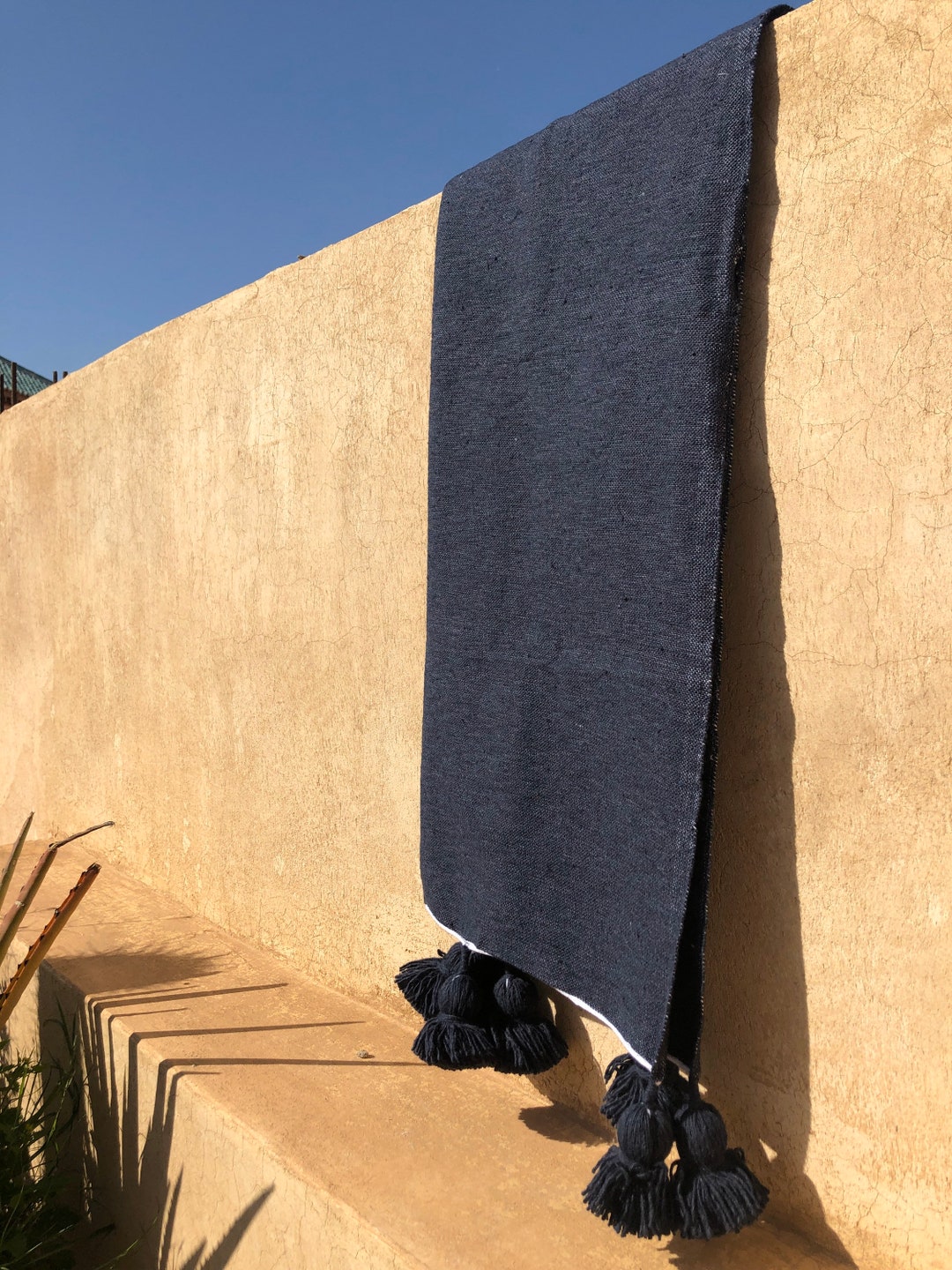 Moroccan Plaid With Plain Navy Blue Pompoms - 100% Cotton - 1.5x1.2m - Etsy