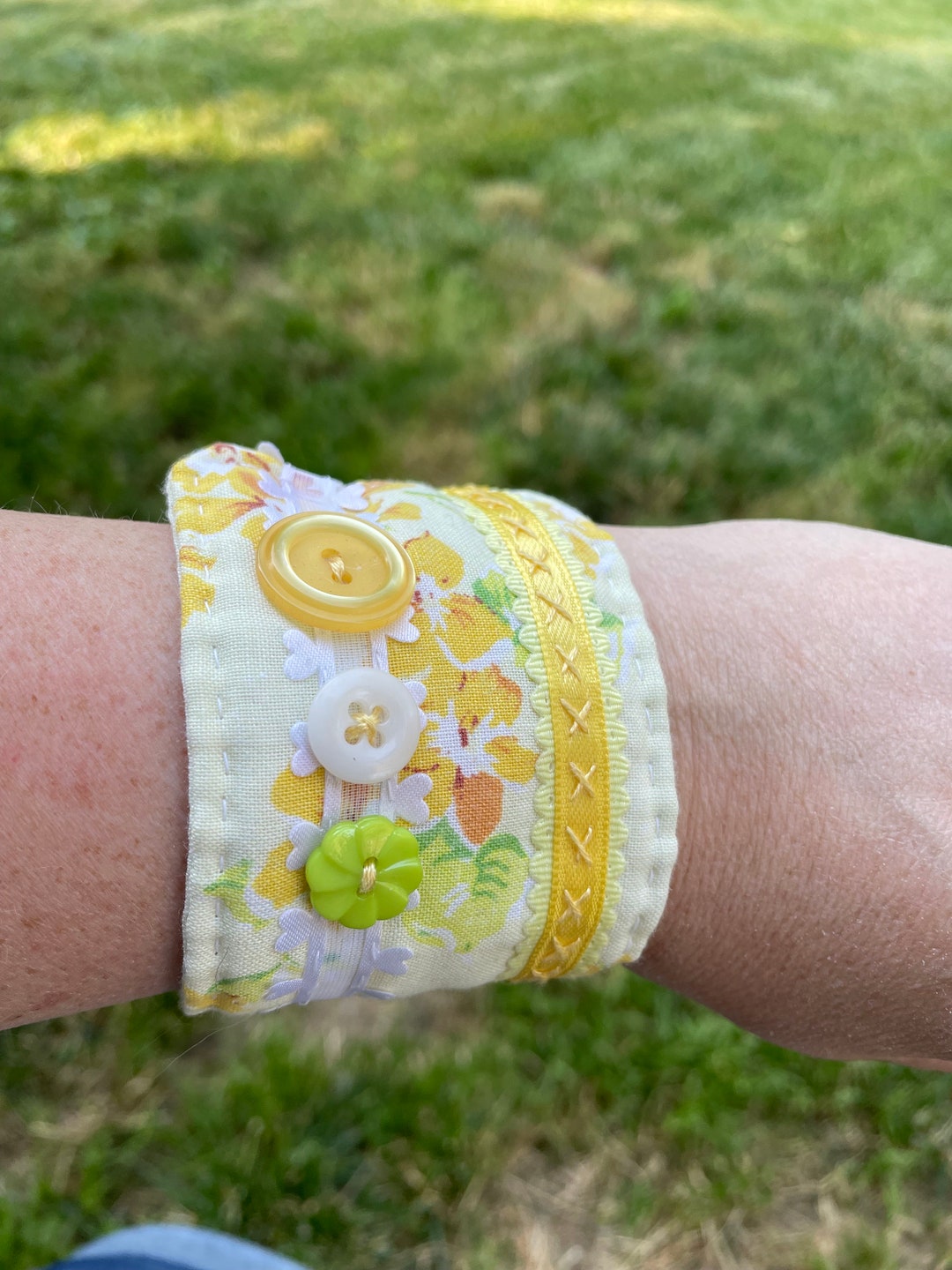 Vintage Linens Fabric Cuff Bracelet Boho Fashion With Button ...