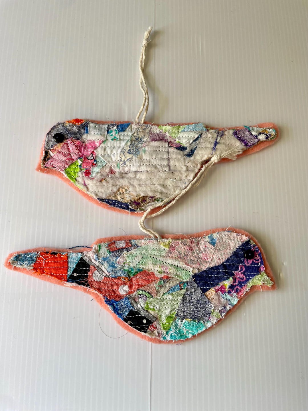 Fabric Scrap Bird Ornaments (set of Two) for Home Decor, Holiday Decor ...