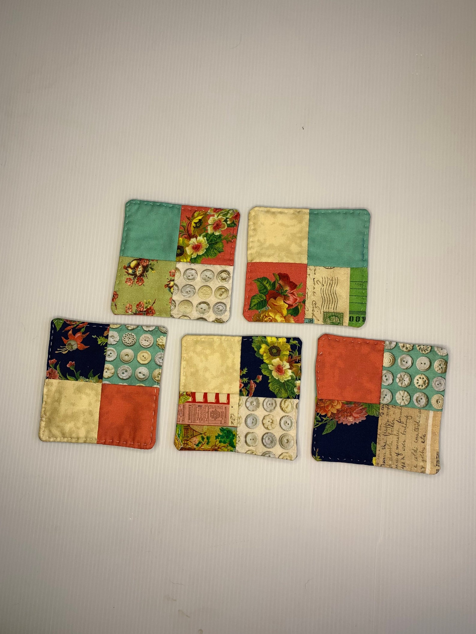 Vintage Themed Patchwork Fabric Coaster Set set of Five Scrappy ...