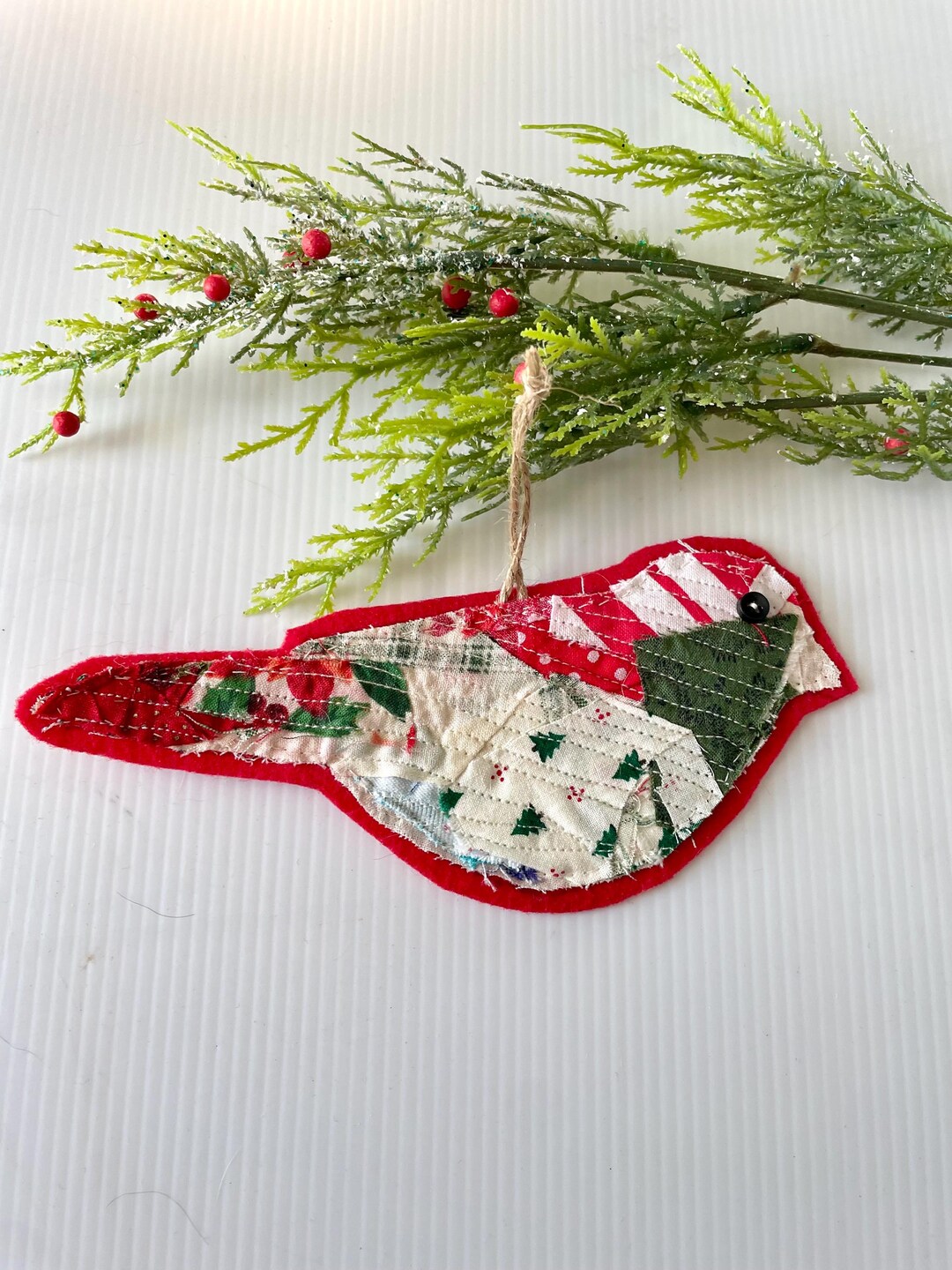 Holiday Bird Fabric Scrap Bird Ornament for Home Decor, Holiday Decor ...