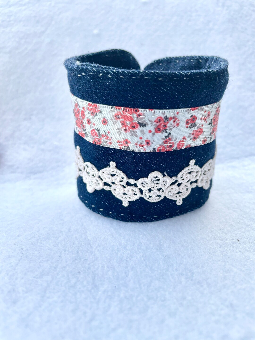 Denim Cuff Bracelet With Buttons and Fabric Embellishment - Etsy