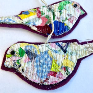 Fabric Scrap Bird Ornaments (set of Two) for Home Decor, Holiday Decor ...