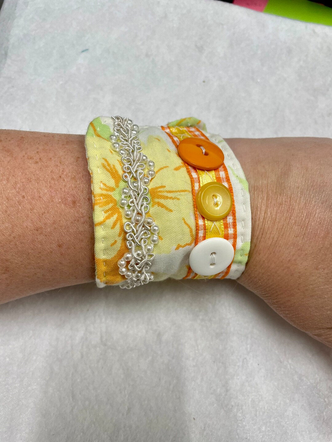 Vintage Linens Fabric Cuff Bracelet Boho Fashion With Button ...