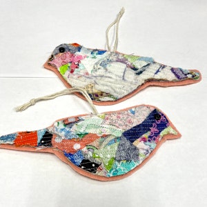 Fabric Scrap Bird Ornaments set of Two for Home Decor, Holiday Decor ...