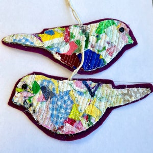 Fabric Scrap Bird Ornaments (set of Two) for Home Decor, Holiday Decor ...