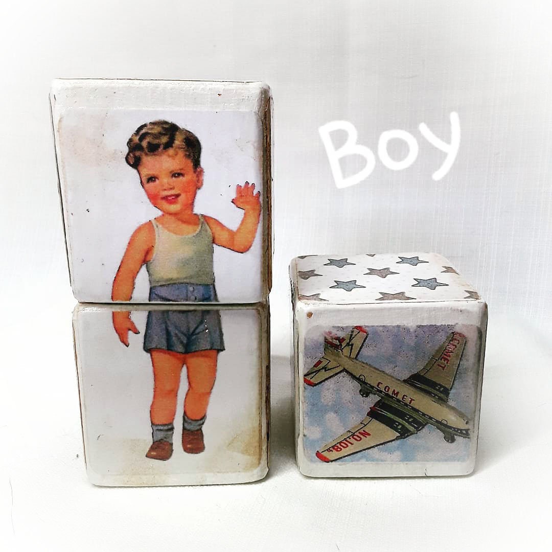 Set, 3 Wooden Blocks, Babyboy, Holzblöcke im Vintage-Retro-Stil, Deko ...