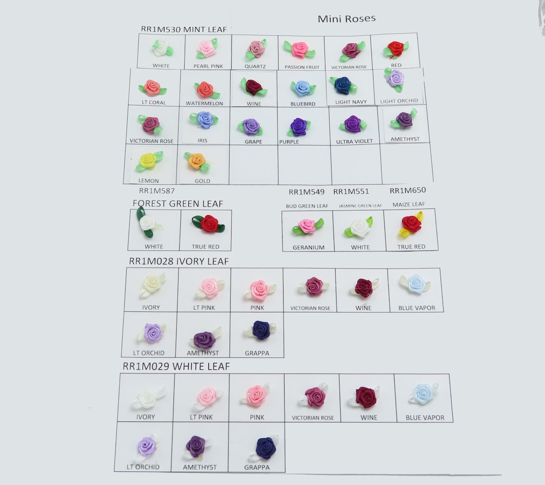 Mini Ribbon Roses With Leaf 3/8" (10mm) X 5/8" (16mm) Lots of Colors ...