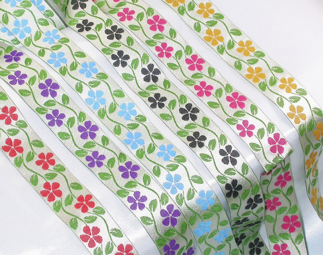 Floral Jacquard Ribbon 1" Woven Border on Green Stems Pattern 3 Yards ...
