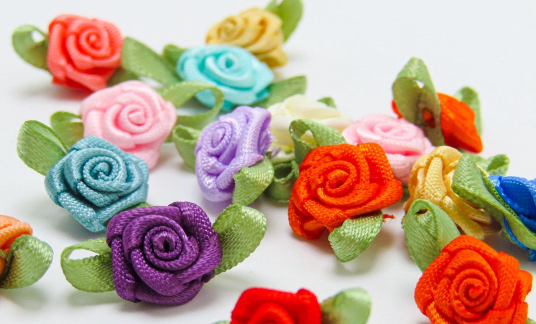 Mini Ribbon Roses With Leaf 3/8" (10mm) X 5/8" (16mm) Lots of Colors ...