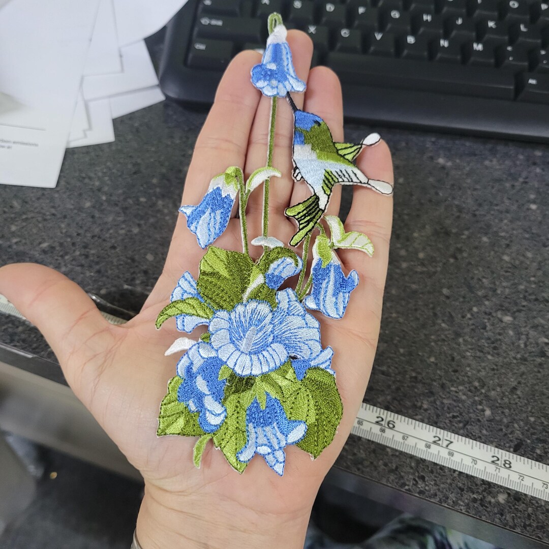Blue Hummingbird Flower Spray Embroidered Applique: Floral Iron on ...
