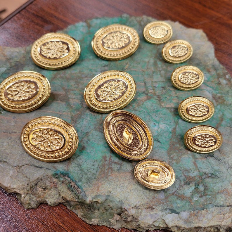 Set of 12 Gold Oval Decorative Buttons Metal Shank Designer 19mm & 29mm ...