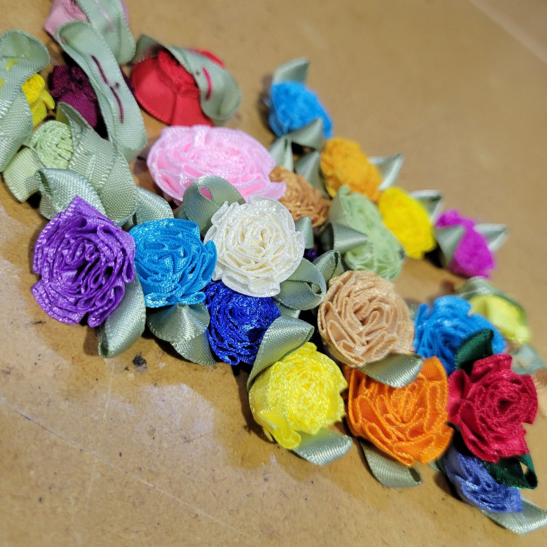 Handmade Satin Ribbon Cabbage Roses With Sage Leaf - 1 1/4" (25 or 100 ...