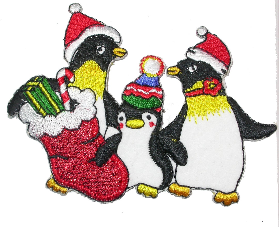 Christmas Penguin Group Iron on Patch Applique Measures 4" Across X 3 ...