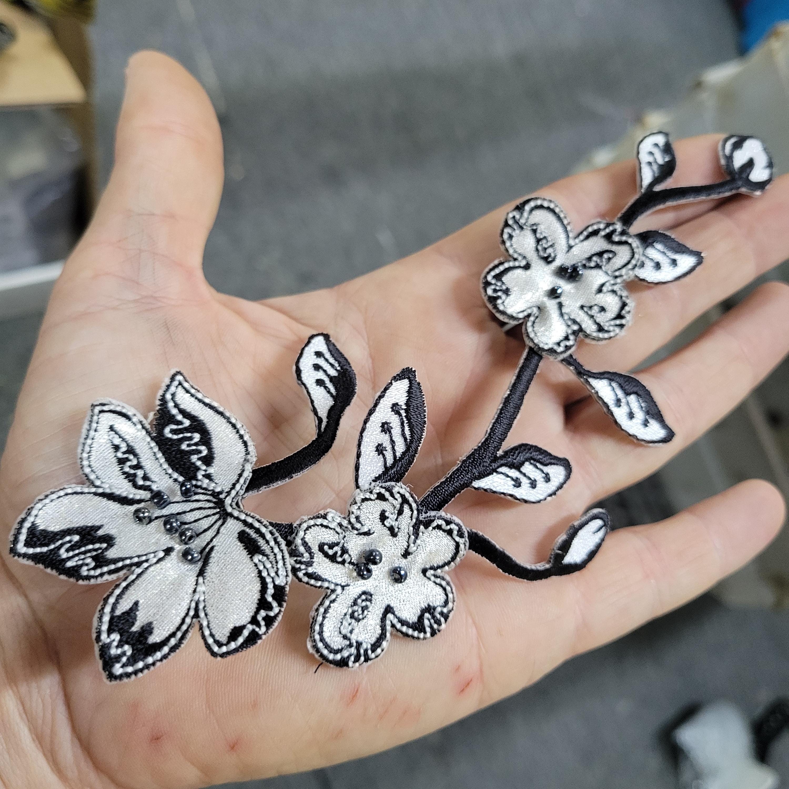 Floral Spray Black & Sparkle White 7" X 3" With Beaded Flower Centers ...