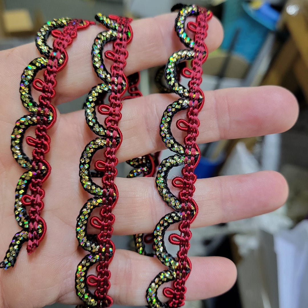 Braid 5/8" 16mm Fancy Loop Red Black & Holographic Gold Priced per Yard ...