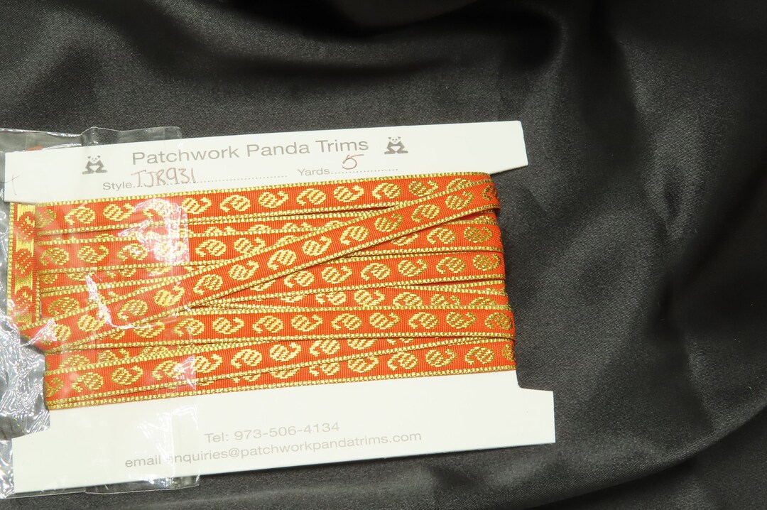 Narrow Jacquard Border Ribbon 3/8" (10mm) Wide - Orange & Metallic Gold ...