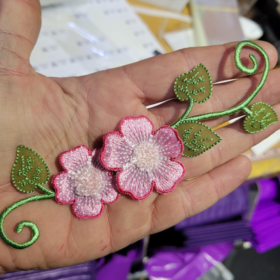 Double Pink Flower Spray Iron on Patch Applique Measures 5 5/8" High X ...