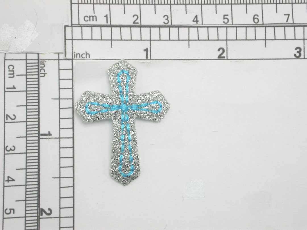 Cross Sparkly Blue & Silver Iron on Patch Applique Measures 1 5/8" Tall ...