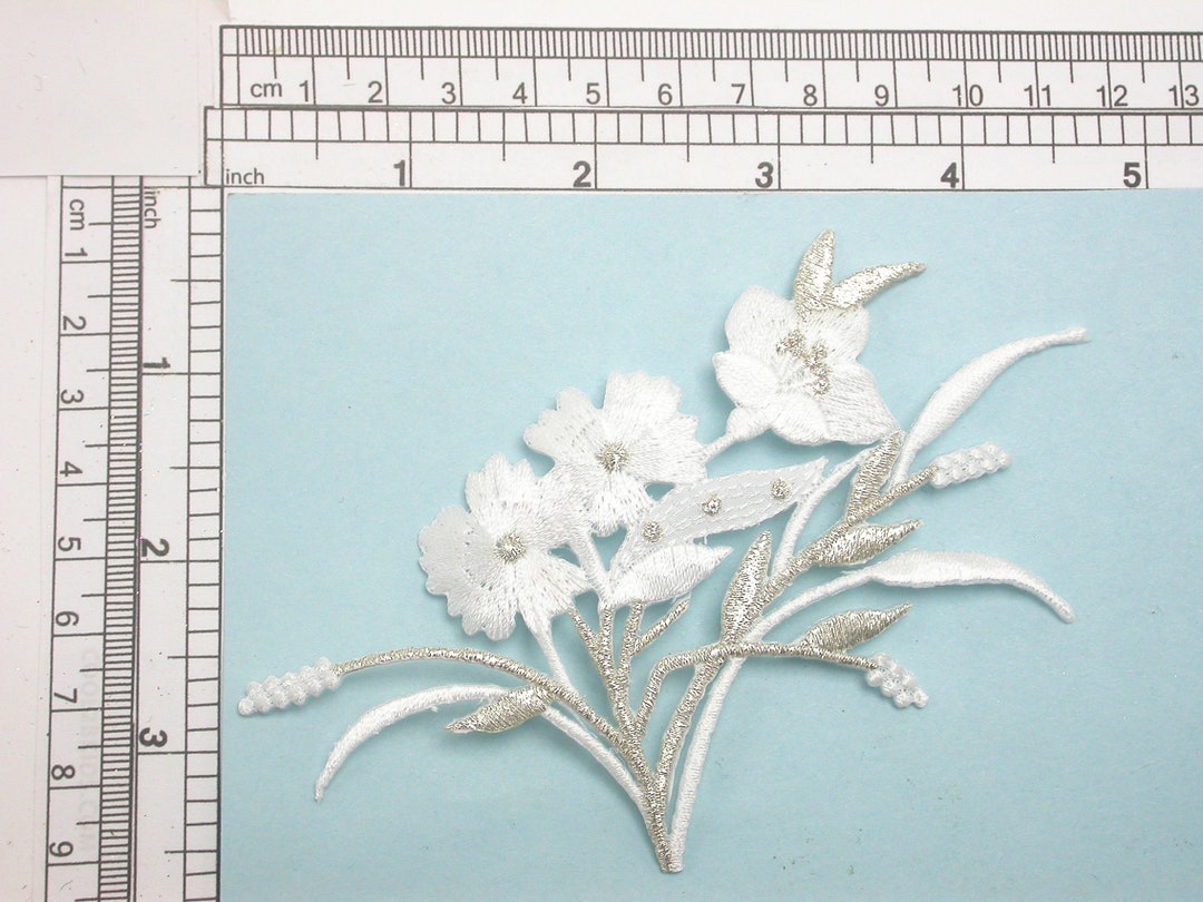 Flower Spray White Silver Iron on Patch Applique Measures 5" Across & 3 ...