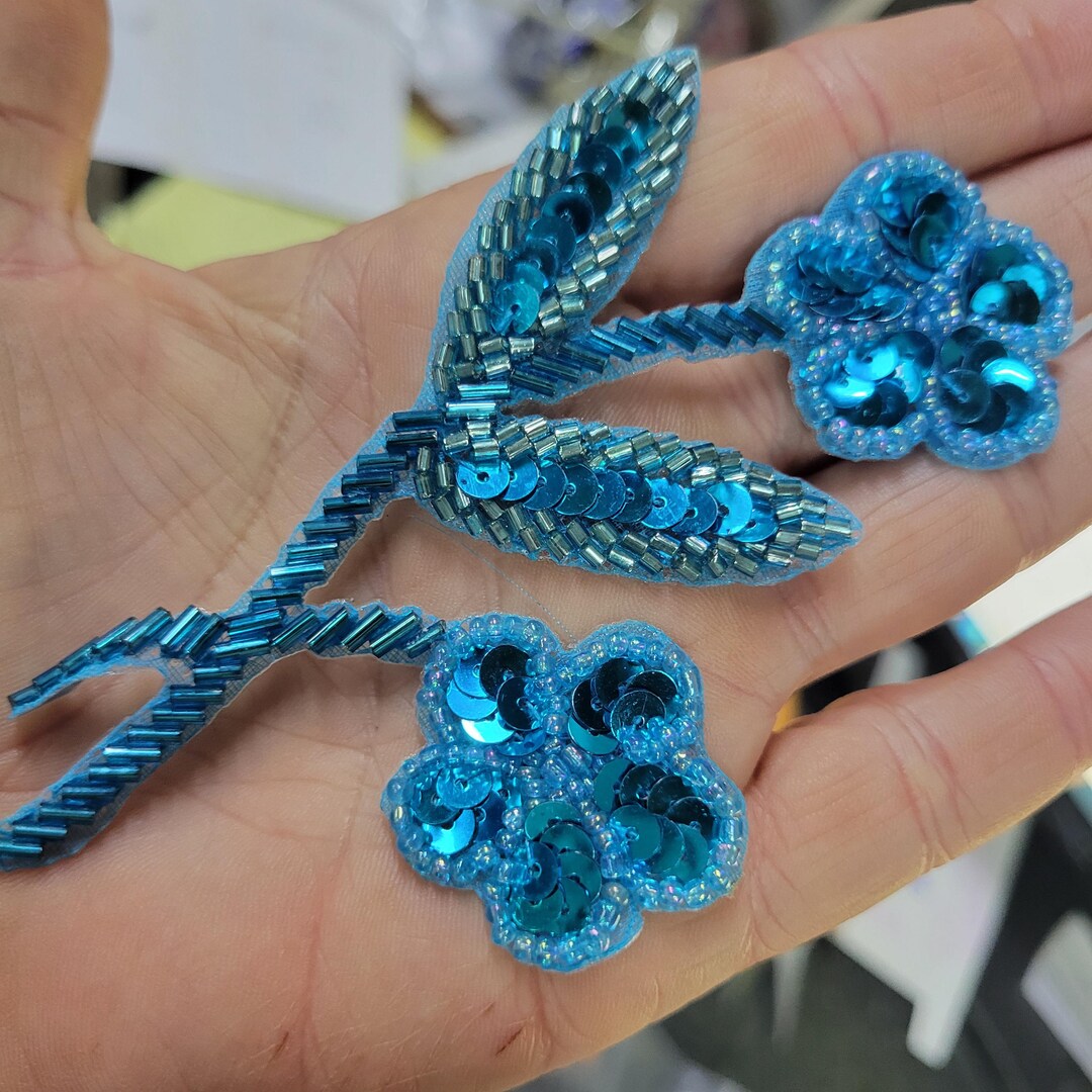 Blue Flower Spray Sequin & Glass Bead Applique 4 5/8" X 3" - Etsy