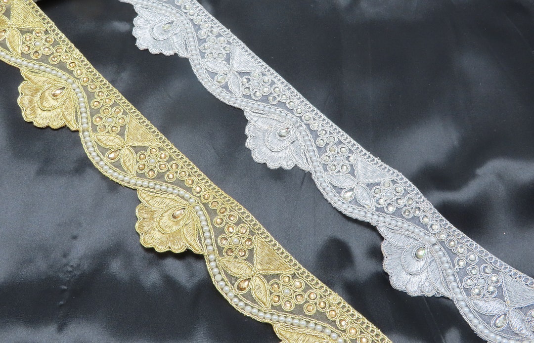 Beaded Border Embroidered 2 3/8" (60mm) Silver or Gold per Meter - Etsy
