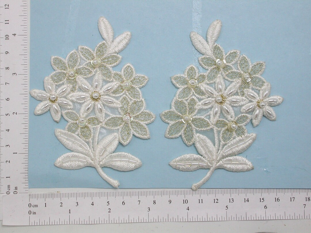 Beaded Bridal Flower Spray Pair off White & Metallic Gold Iron on Patch ...