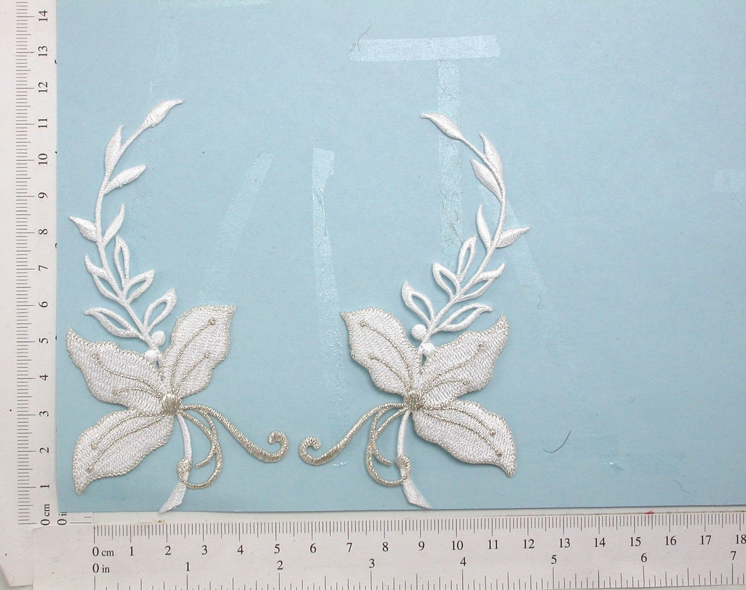 Bridal Flower Spray Appliques White Silver L&R Pair - Embroidered Iron ...