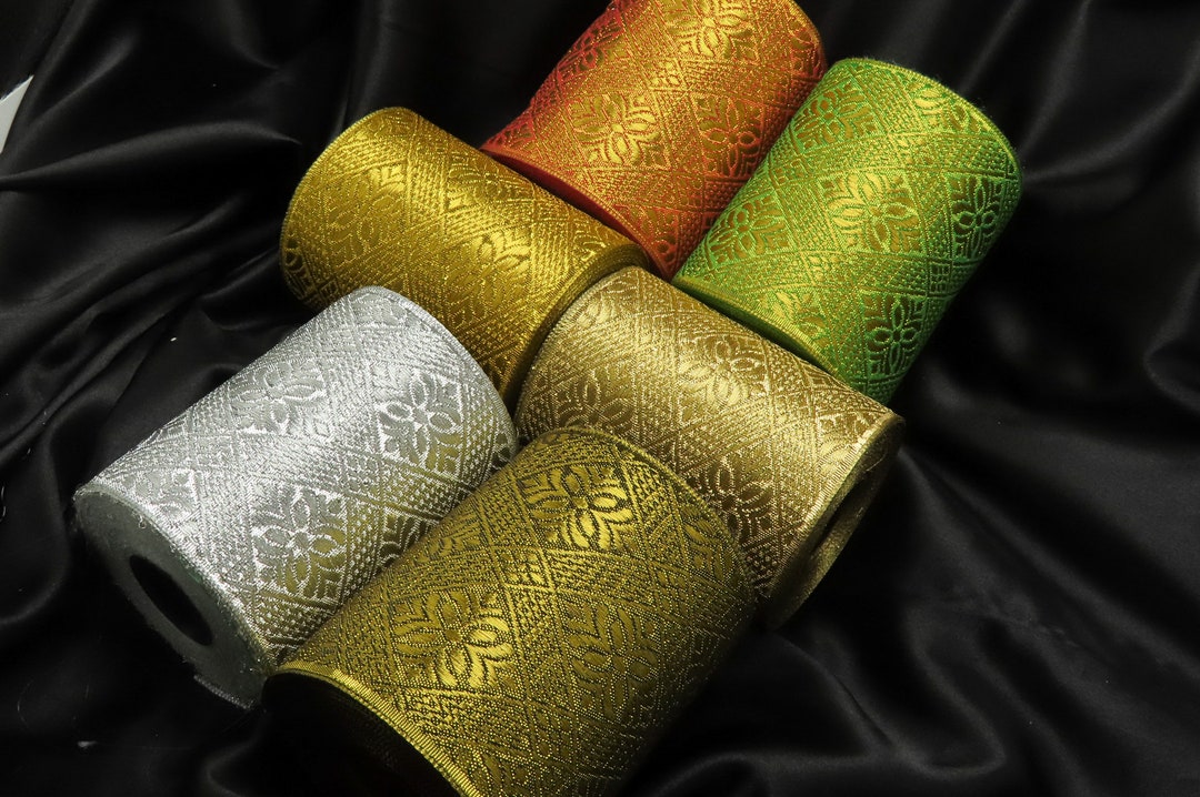 Wide Jacquard Ribbon 4" 102mm Metallic Gold Detailed Diamond Woven ...