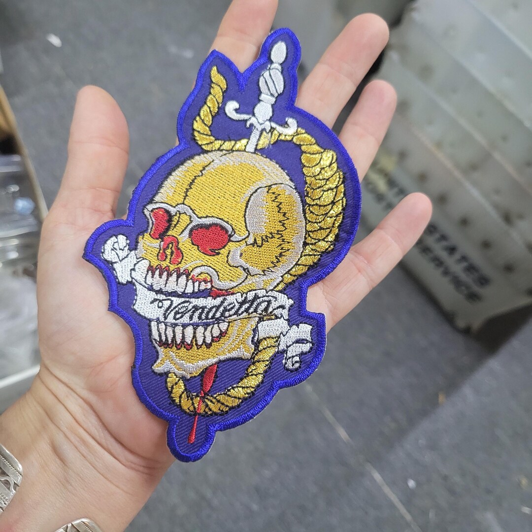 Skull Biker Jacket Patch Vendetta iron on Applique Measures 4" Across X ...