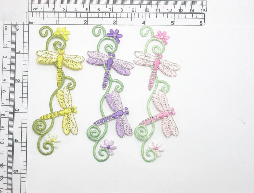 Dragonfly Patch on Vine Iron on Embroidered Applique 4 5/8" X 1 5/8" Fully Embroidered (117mm X ...