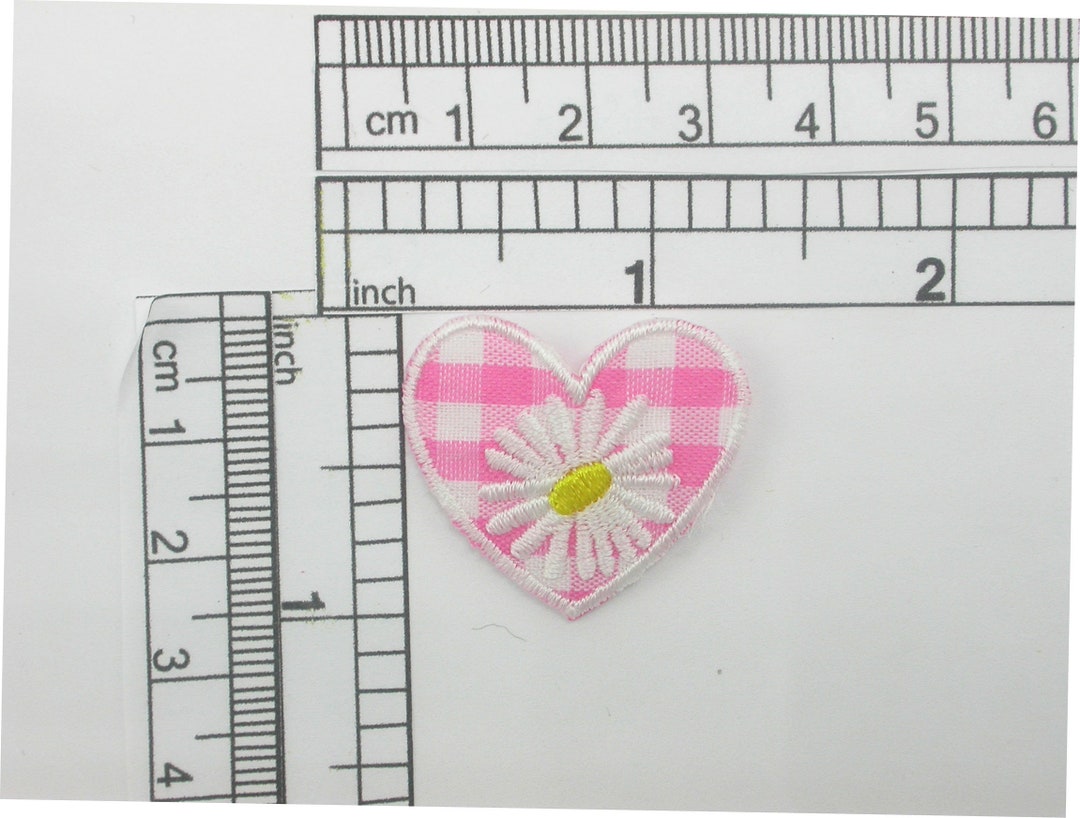 3 X Pink Gingham Heart Patch With Flower Embroidered Iron on Applique ...
