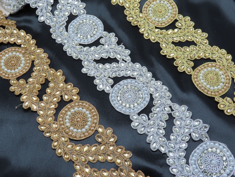 Beaded Border Embroidered 2 3/4" (70mm) Silver Gold or Copper per Meter ...