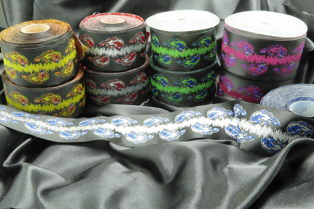 Skull Fireball Jacquard Ribbon 2" – Metallic Rocker Strap, per Yard - Etsy