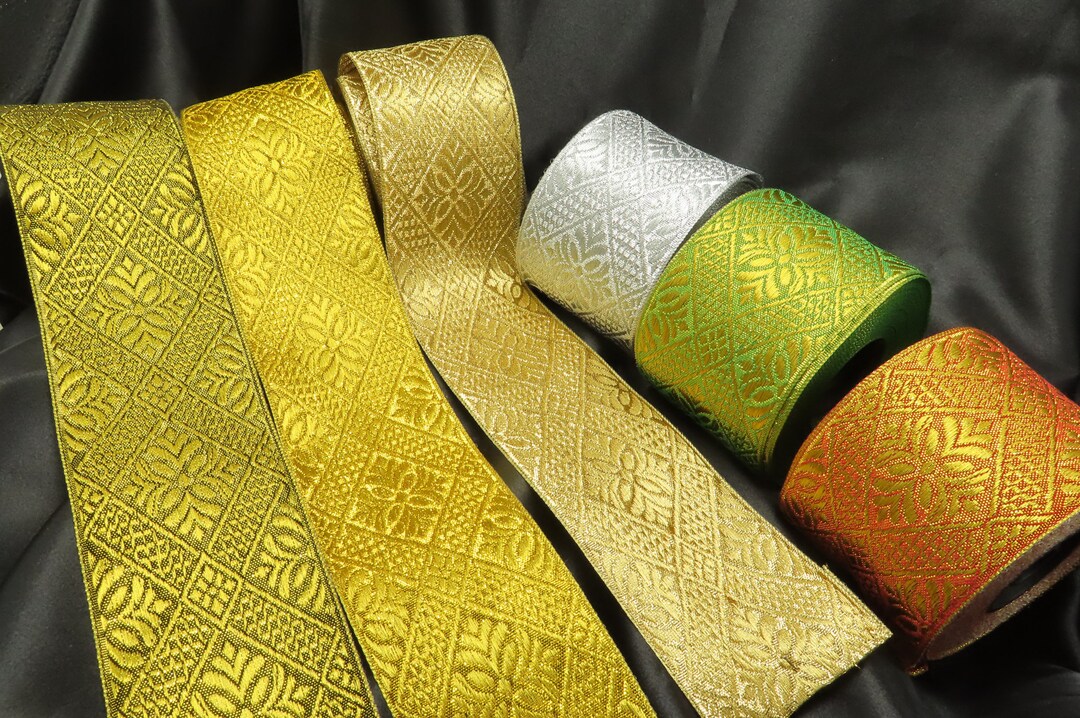 Wide Jacquard Ribbon 2 1/2" Metallic Gold Detailed Diamond Woven Border ...