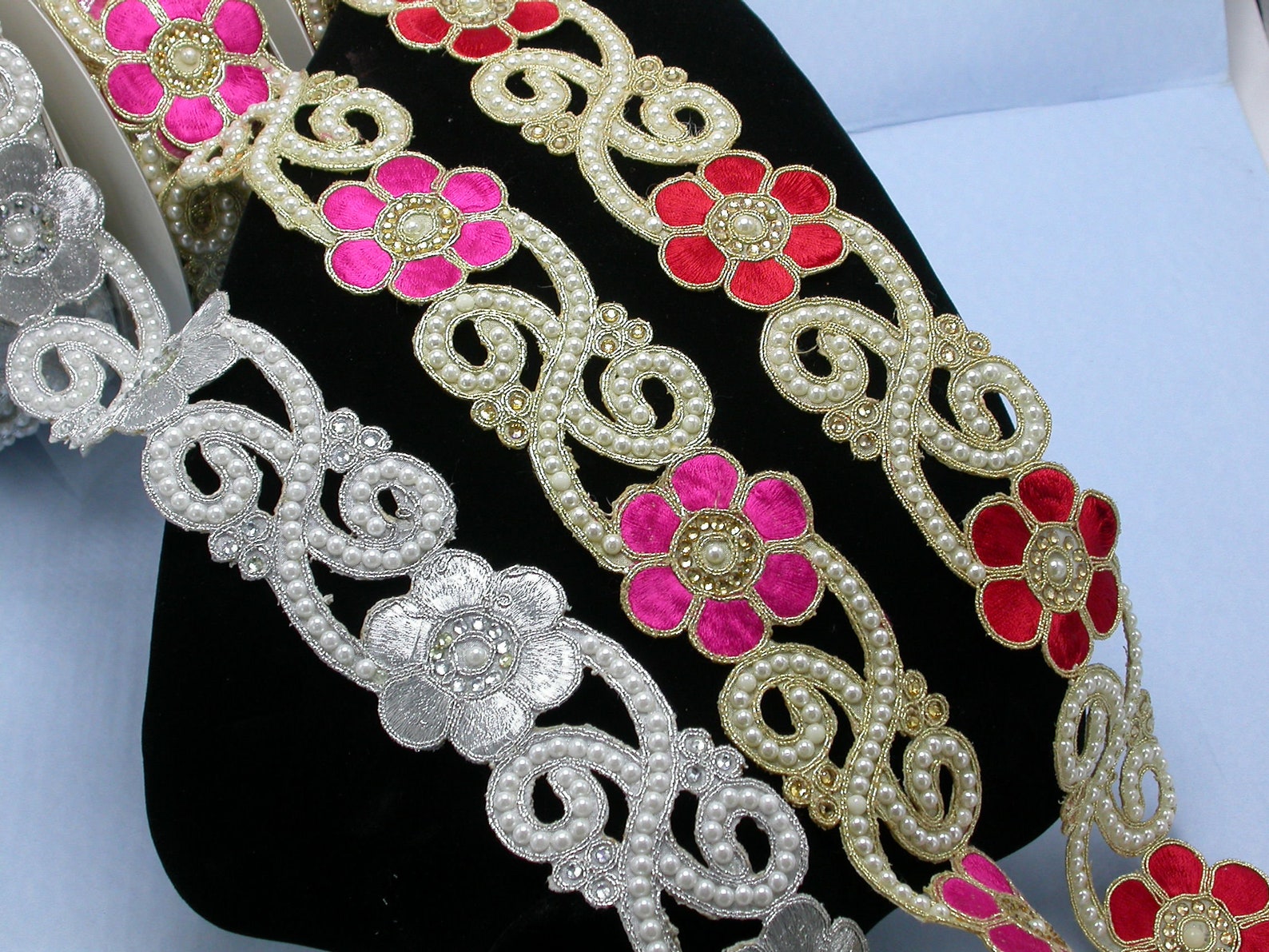 Fancy Beaded Saree Sari Floral Border Embroidered 2 1/8" (54mm) per ...