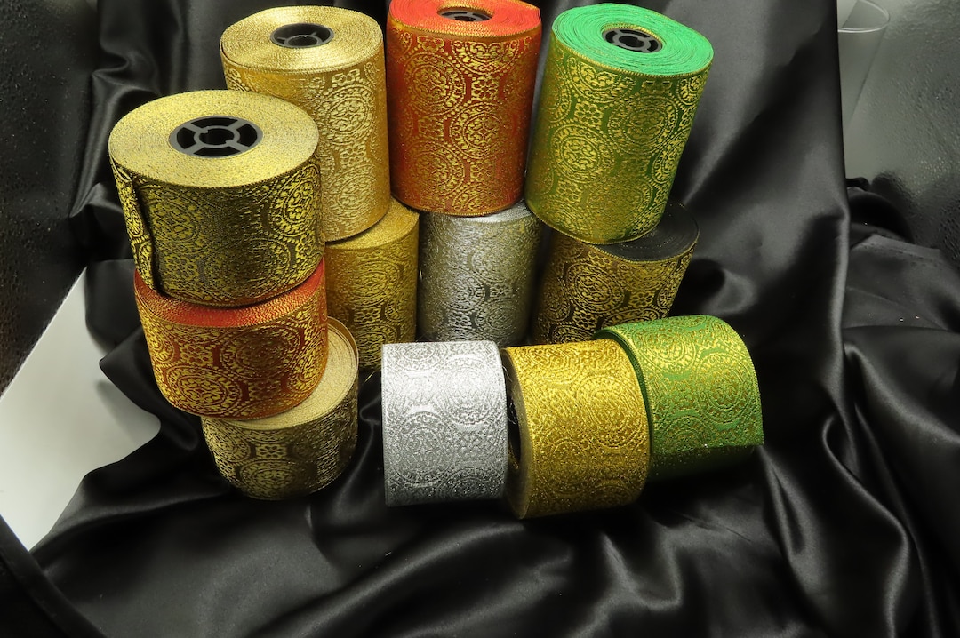 Wide Jacquard Ribbon 4" Metallic Gold Medallions Woven Border per Yard ...
