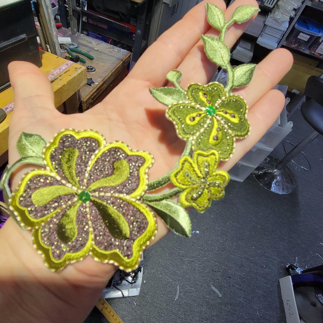 Green Flower Spray Embroidered Large Iron on Embroidered Applique 7 1/2 ...