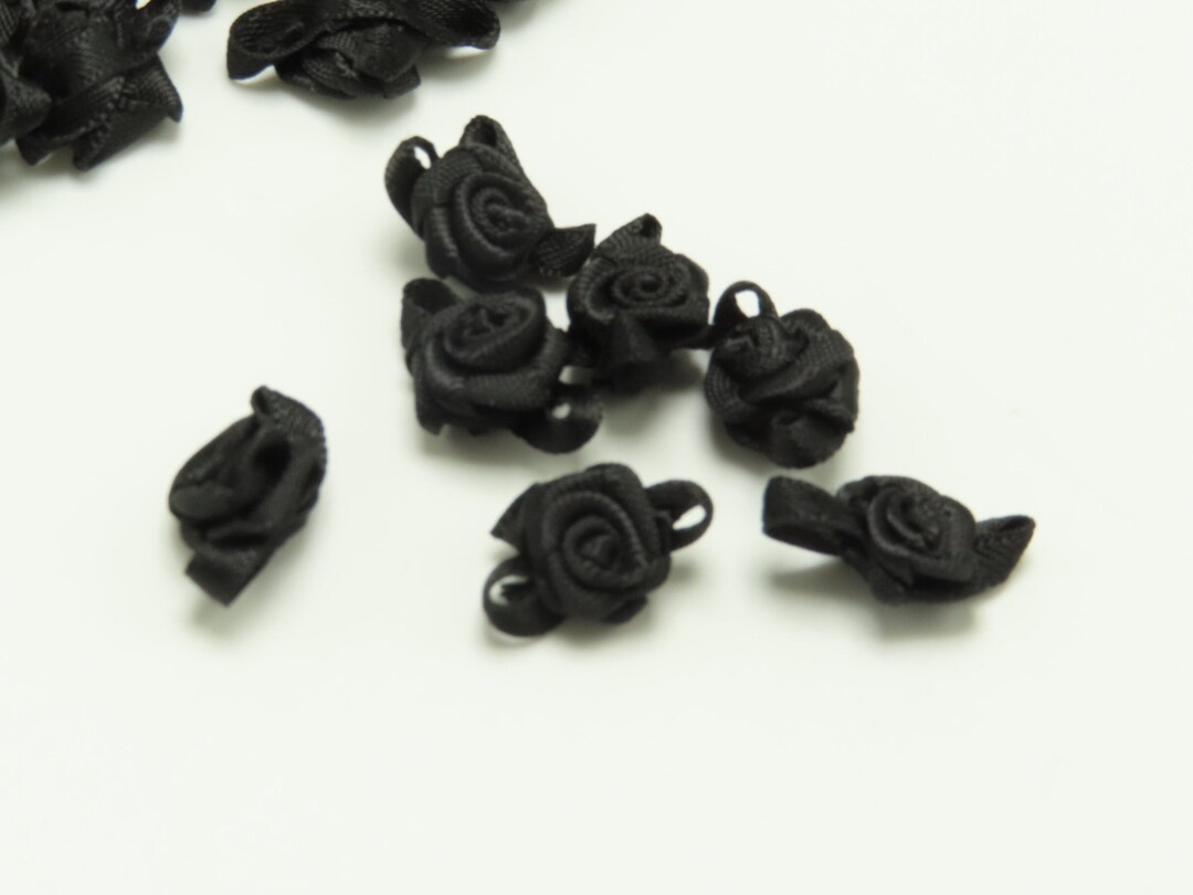All Black Mini Ribbon Roses With Leaf 3/8" (10mm) X 5/8" (16mm ...