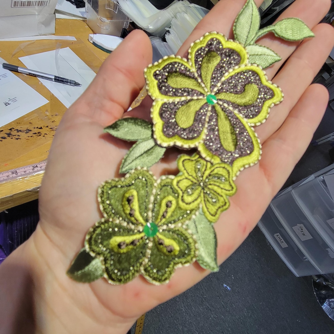 Green Flower Spray Embroidered Large Iron on Embroidered Applique 6 1/4 ...