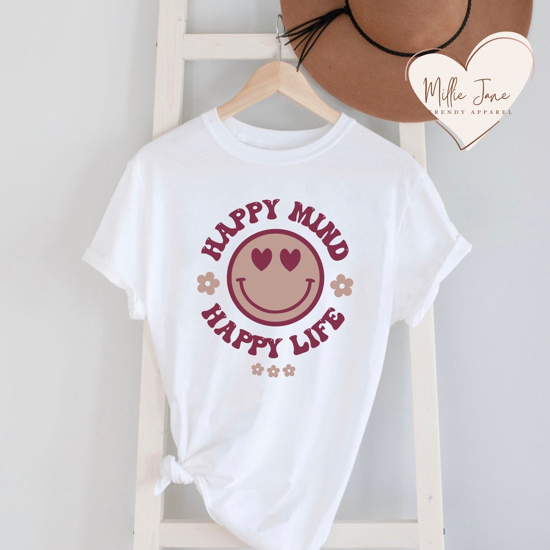 Happy Mind Happy Life Aesthetic Shirt for Women Smiley Face Shirts ...