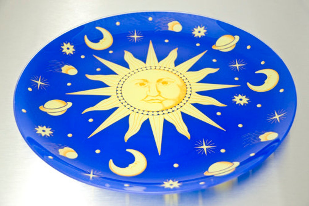Sun Moon and Stars 13" Round Glass Plate Silk Screen-blue and Yellow ...