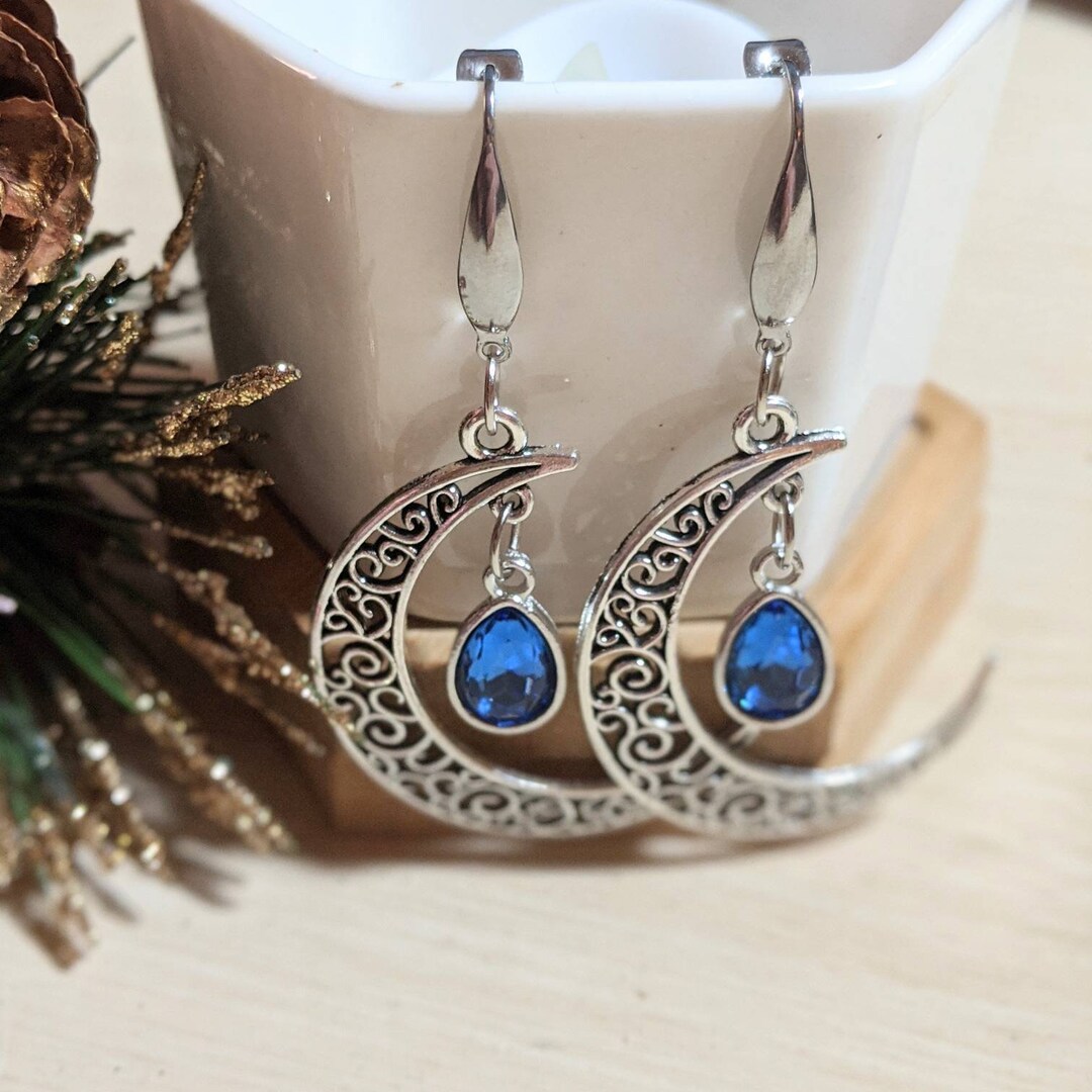 Filigree Moon With Royal Blue Crystal Gem - Etsy